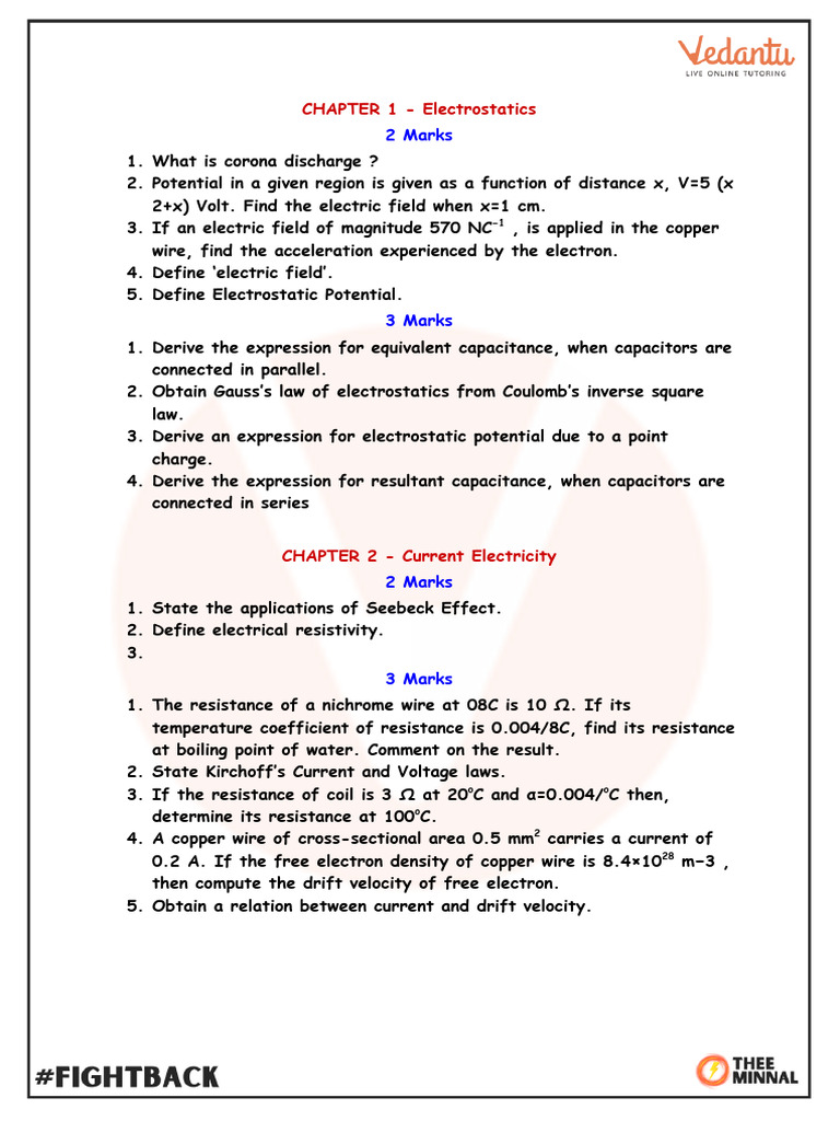 CHAPTER 1 - Electrostatics: 2 Marks | PDF | Inductance | Inductor