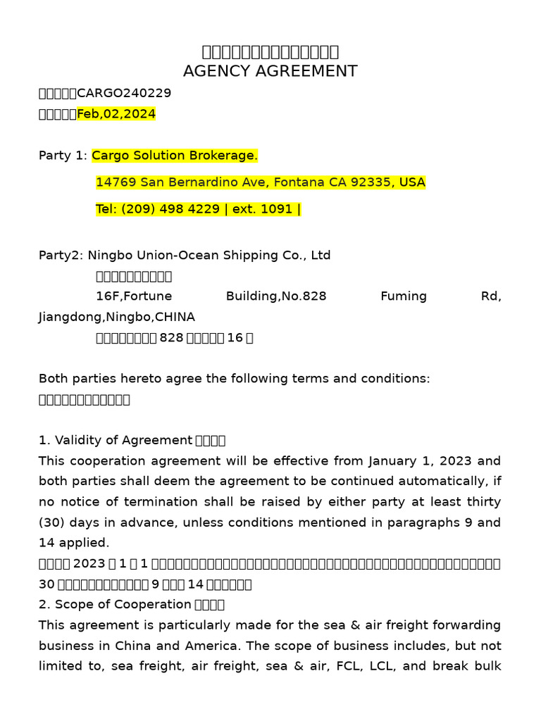 International Freight Agency Agreement | PDF | Cargo | Bill Of Lading