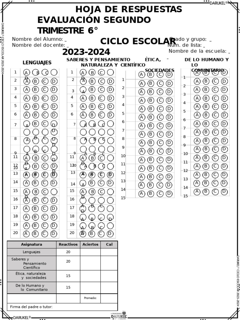 6° T2 Hoja de Respuestas 2023-2024 | PDF