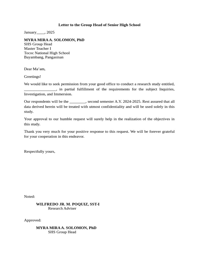 Letter To The SHS Group Head | PDF