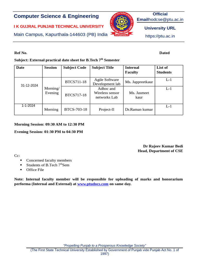 B.Tech 7th Semester Practical Date Sheet | PDF