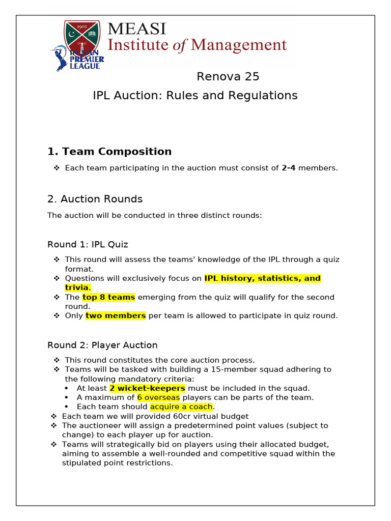 IPL Auction 2024: Rules & Guidelines | PDF