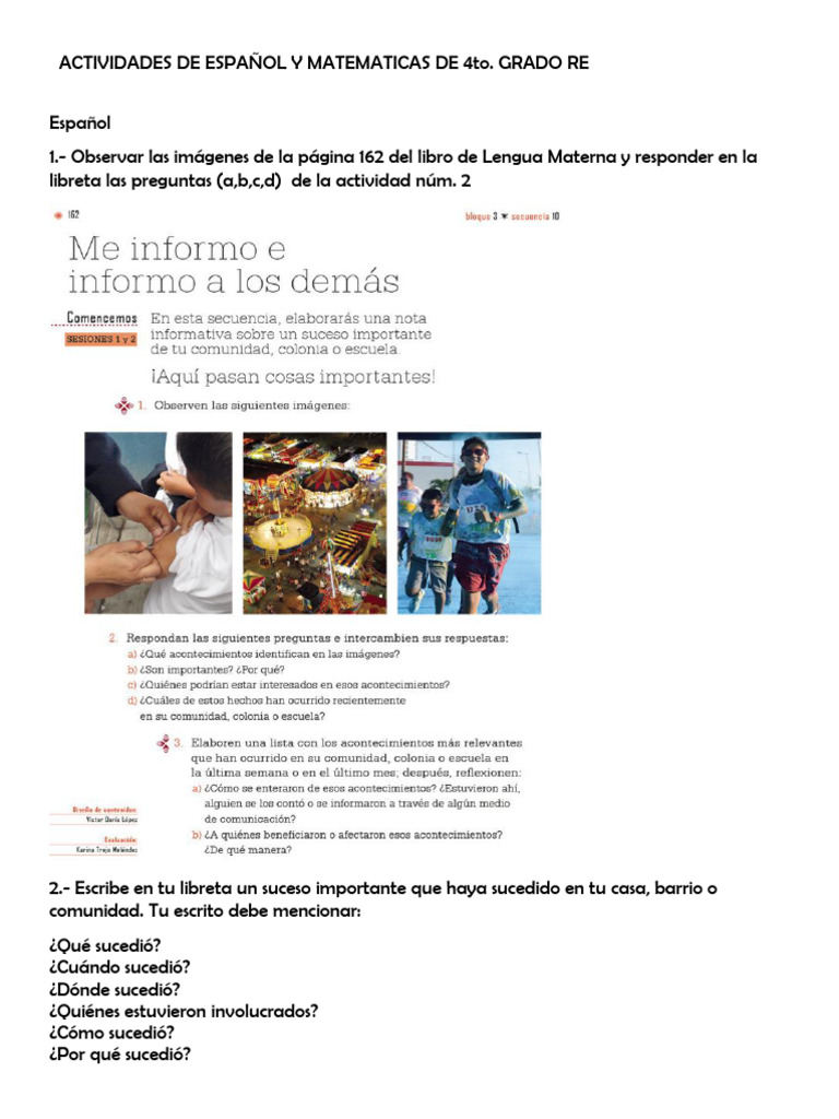 ACTIVIDADES DE ESPAÑOL Y MATEMATICAS DE 4to | PDF