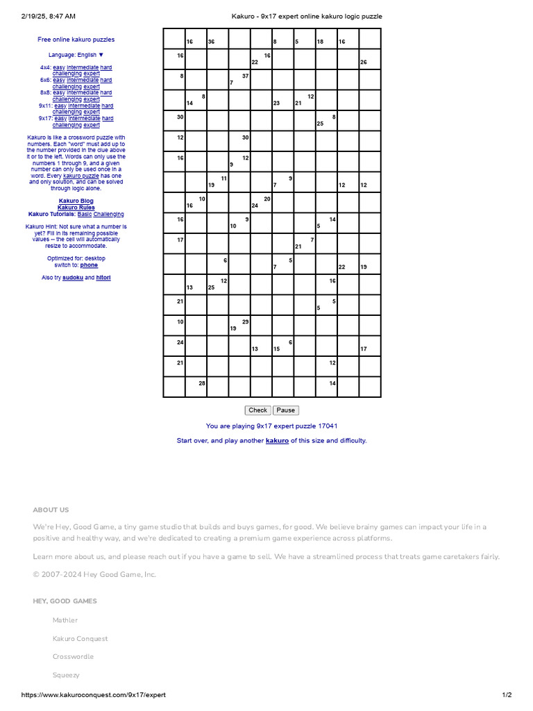 Kakuro - 9x17 Expert Online Kakuro Logic Puzzle | PDF | Logic Puzzles ...