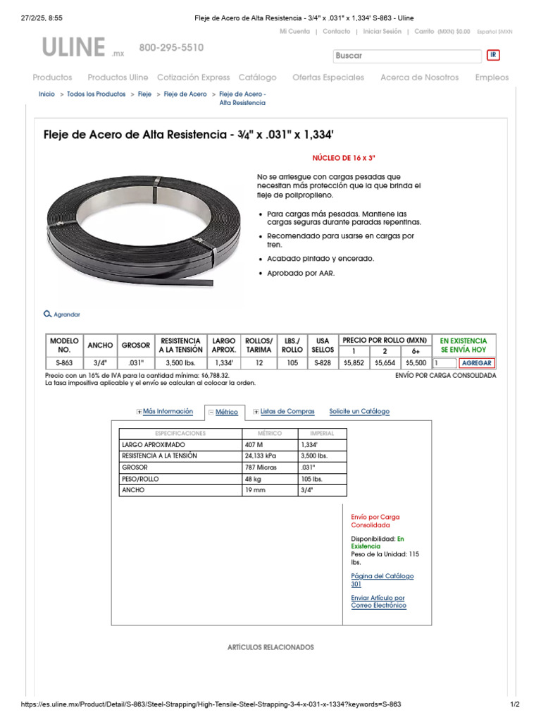 Fleje de Acero de Alta Resistencia - 3 - 4 - X .031 - X 1,334' S-863 - Uline | PDF