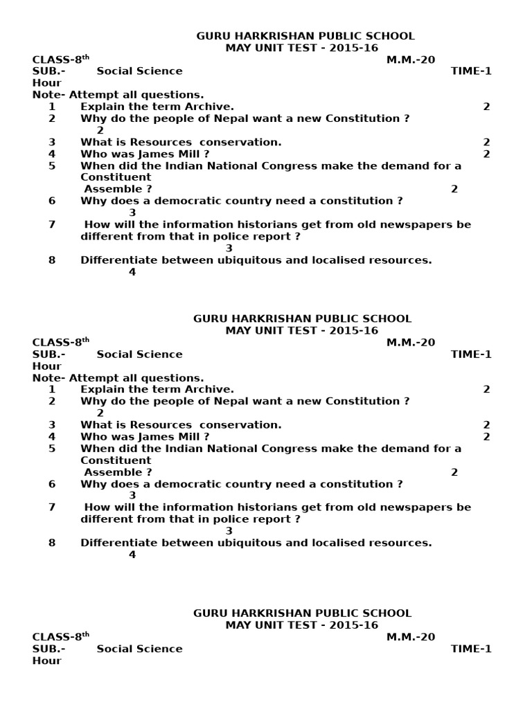Class 8 Social Science May Test 2015-16 | PDF