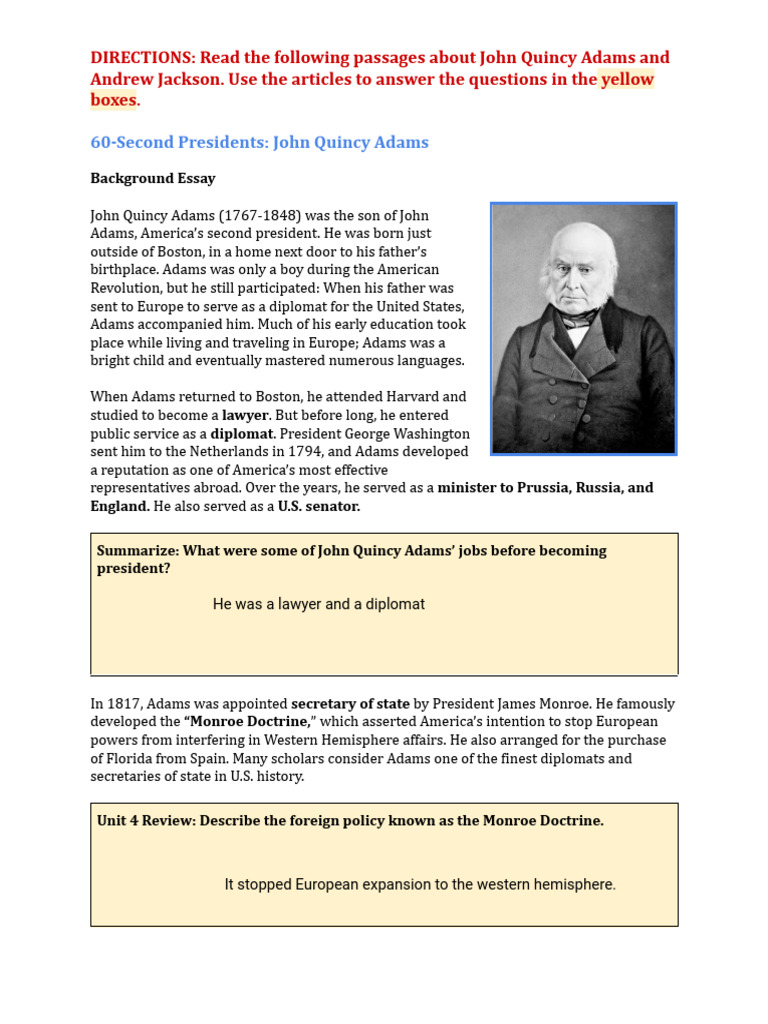 John Quincy Adams vs. Andrew Jackson | PDF | John Quincy Adams | Andrew ...