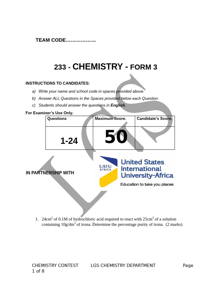 Chem Form 3 Contest 2024 | PDF | Acid | Chemistry