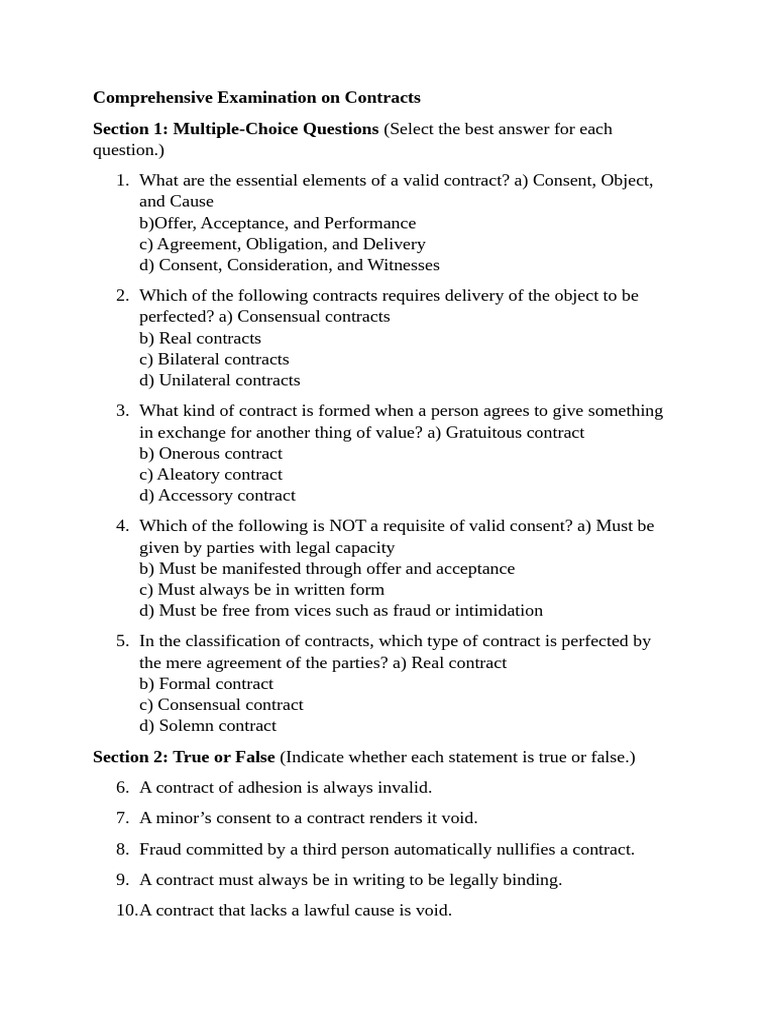 Exam Questions on Contract Law Concepts | PDF | Consent | Consideration