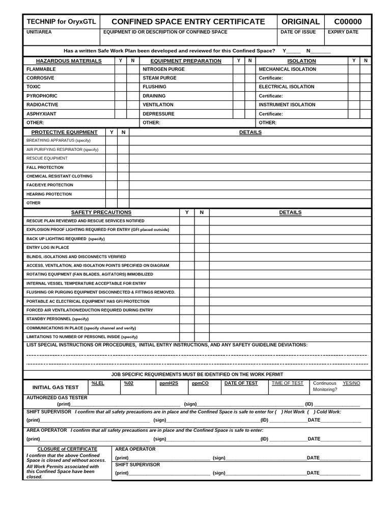 OGTL-SHE-002 Confined Space Entry Certificate Front | PDF | Workplace ...