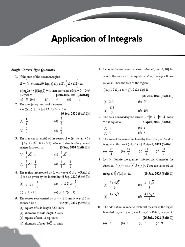 Application of Integrals - PYQ Practice Sheet | PDF | Mathematical ...