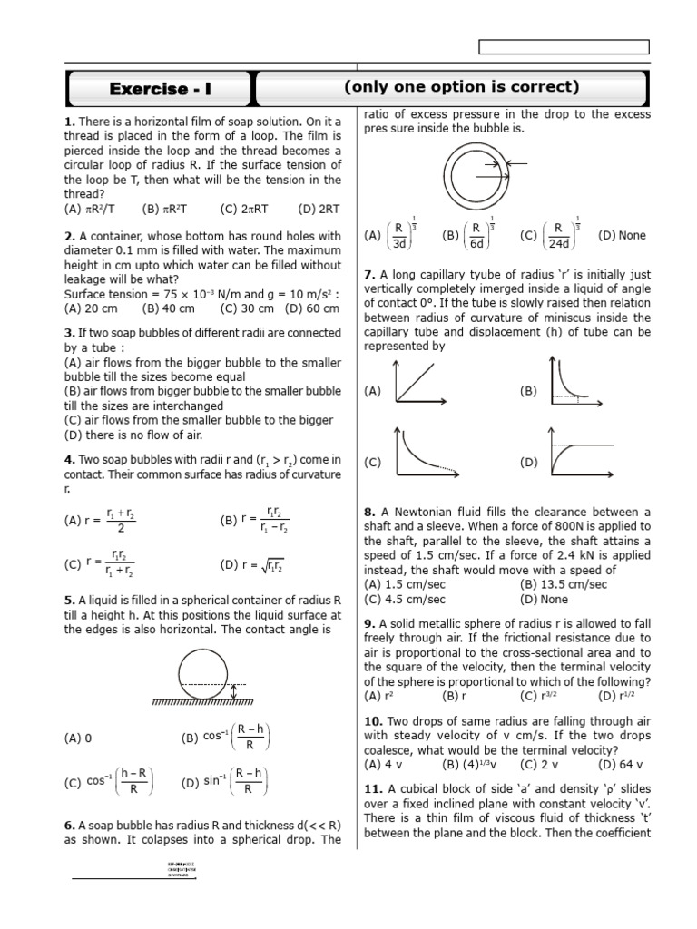 Surface Tension and Viscosity Exercise 1 Sheet | PDF | Surface Tension ...