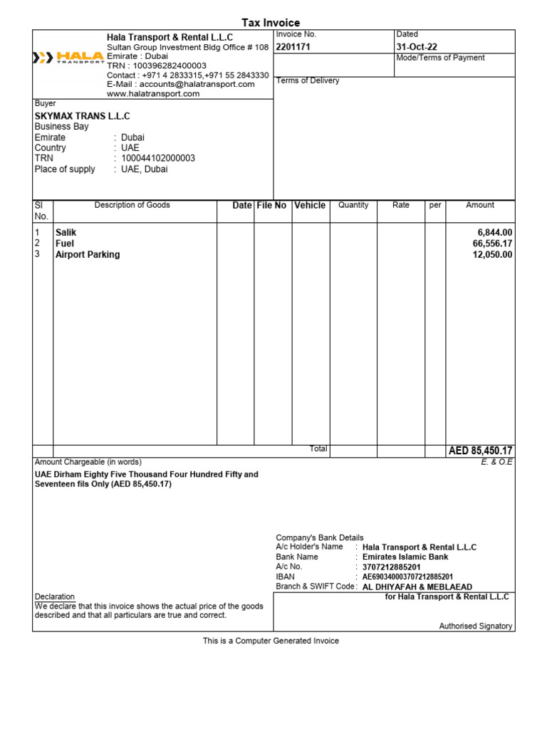 Oct Fuel, Salik and Parking Inv | PDF