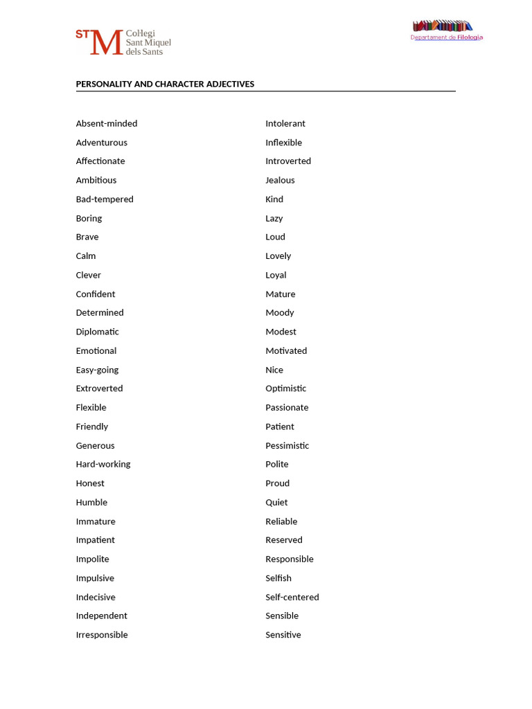Personality and Character Adjectives Guide | PDF
