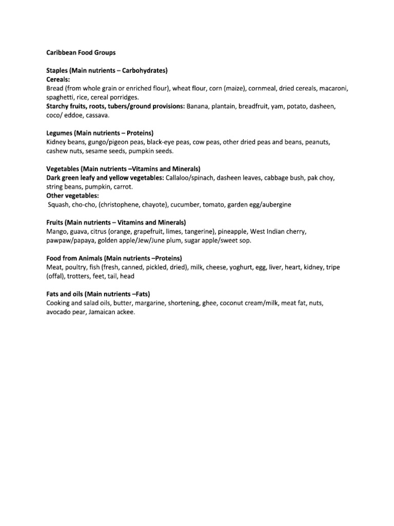 Caribbean Food Groups | PDF