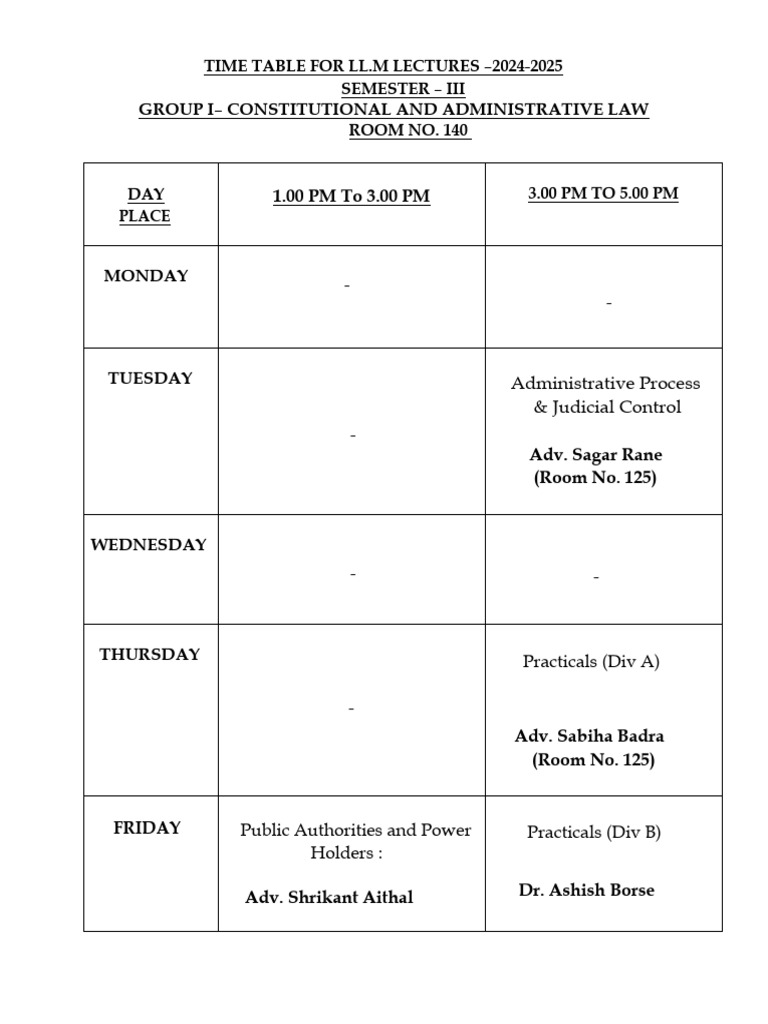 LL.M Semester III Lecture Schedule | PDF | Justice | Crime & Violence