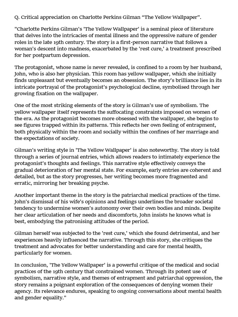 Critical Analysis of The Yellow Wallpaper | PDF | The Yellow Wallpaper ...