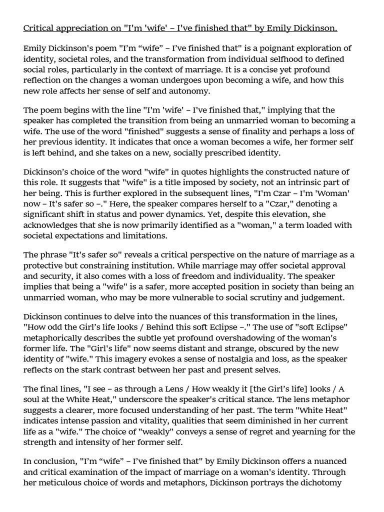 Critical Appreciation on I'm Wife – I'Ve Finished That.2 | PDF ...