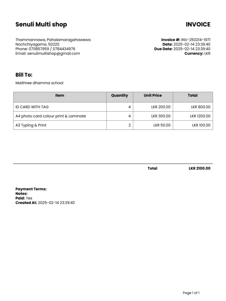 Senuli Multi Shop Invoice Details | PDF