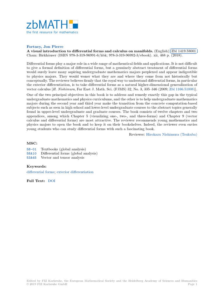 Fortney, Jon Pierre: A Visual Introduction To Differential Forms and Calculus On Manifolds | PDF