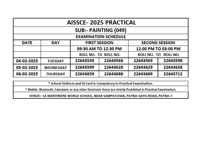 AISSCE 2025 Painting Exam Schedule | PDF