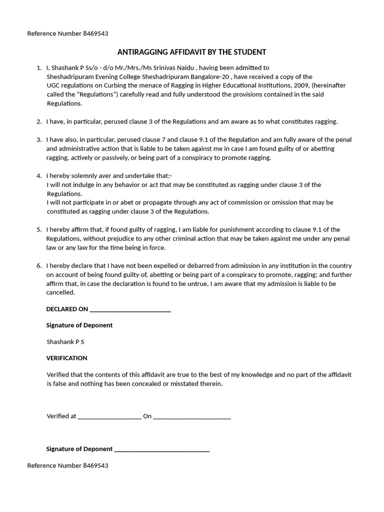 Anti-Ragging Affidavit Guide | PDF | Affidavit | Justice
