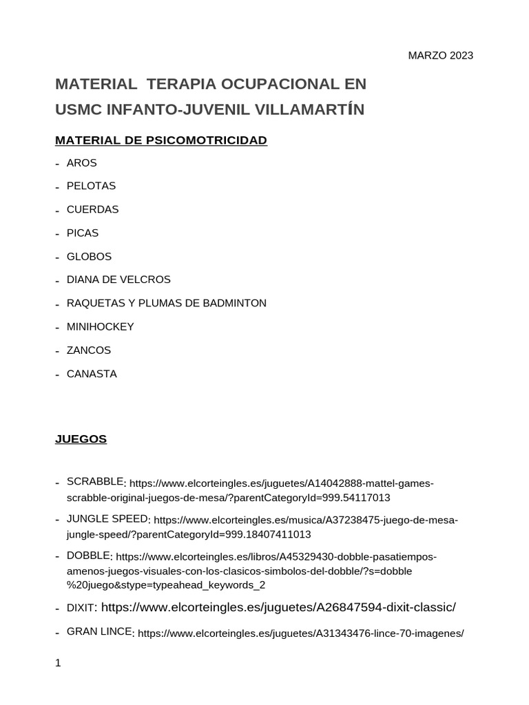 MATERIAL TERAPIA OCUPACIONAL.USMC INFANTO-JUVENIL | PDF