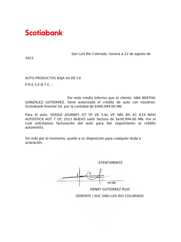 Carta de Factura de Auto Scotiabank | PDF