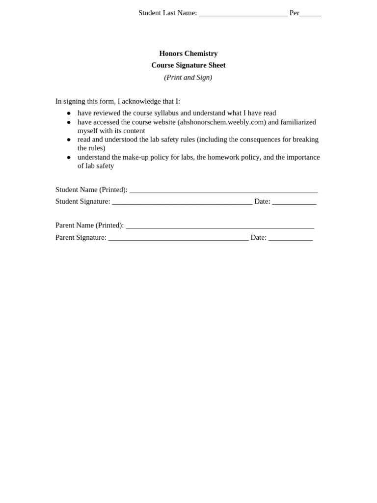 Course Signature Sheet - Honors Chem | PDF