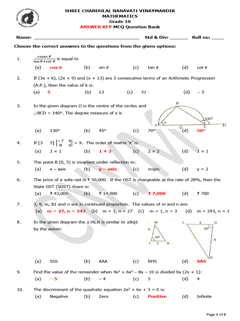 X_Ans Key_Math MCQ QB (till Q73) | PDF | Mathematical Objects | Mathematics