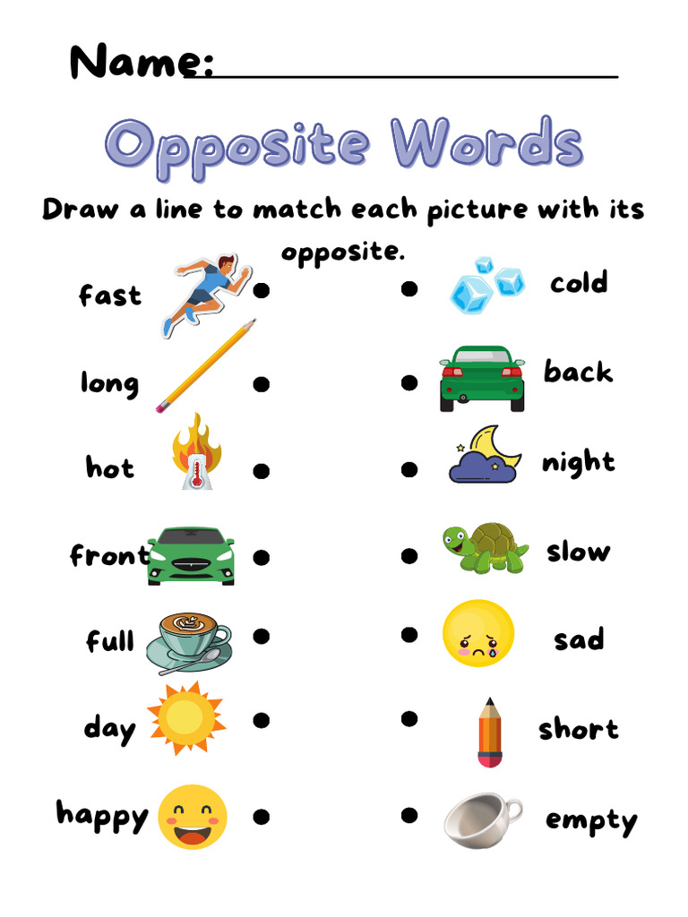 Colorful Illustrative Opposite Words Worksheet | PDF