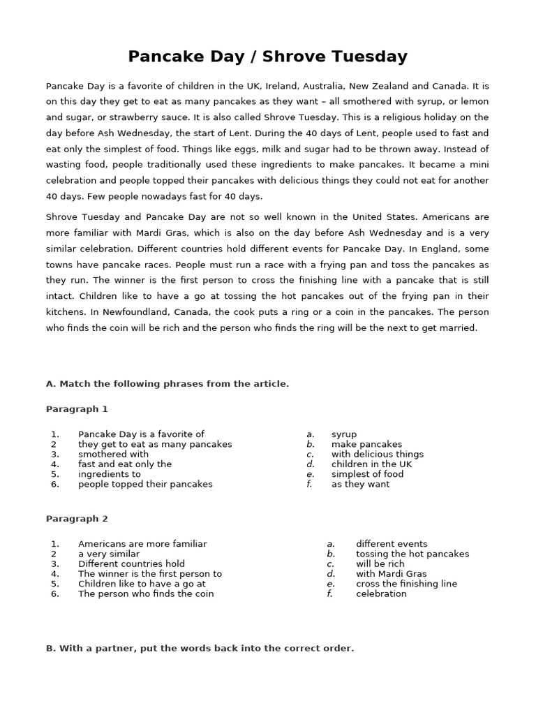 Pancake Day Shrove Tuesday Reading Comprehension Exercises 7102 | PDF ...