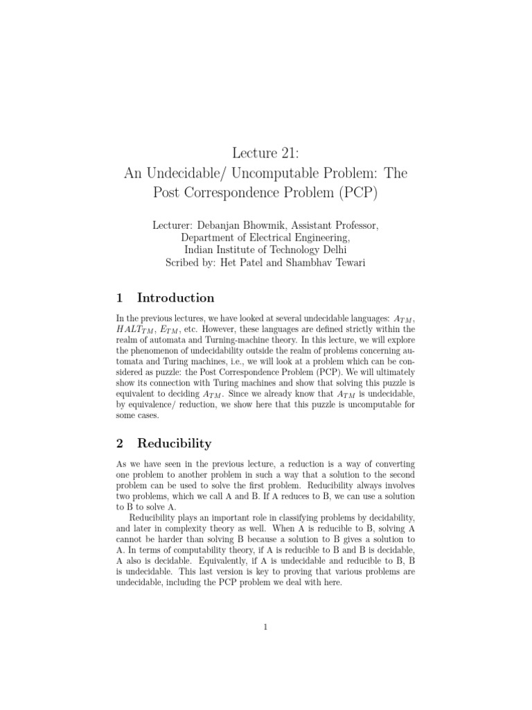 Lecture21 Undecidability PCP | PDF | String (Computer Science) | Theoretical Computer Science