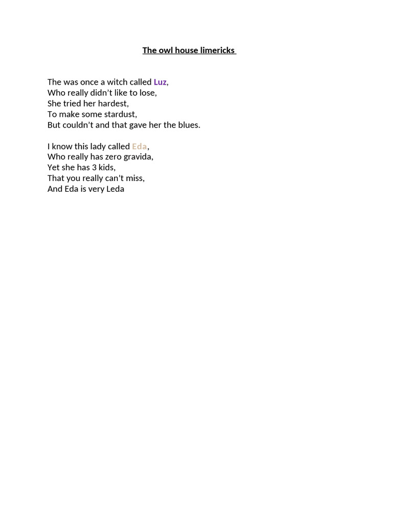 Owl House Limericks Collection | PDF