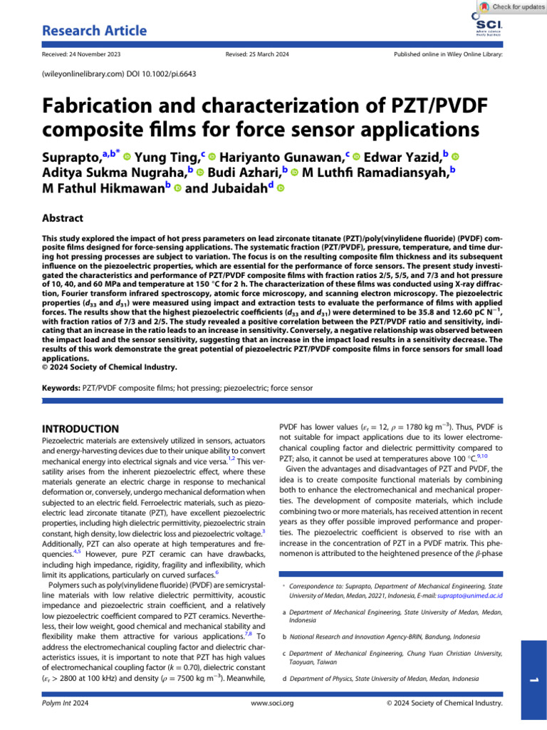 Polymer International - 2024 - Suprapto - Fabrication and Characterization of PZT PVDF Composite ...