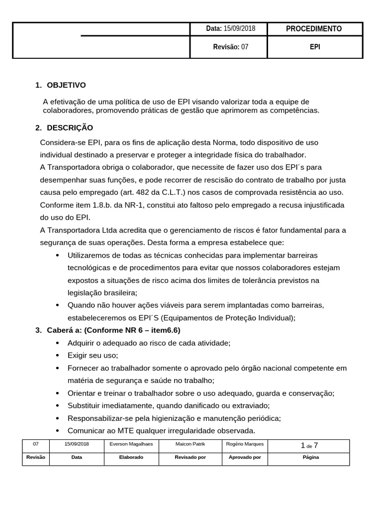 POP 005 EPI V6 | PDF | Equipamentos de proteção individual