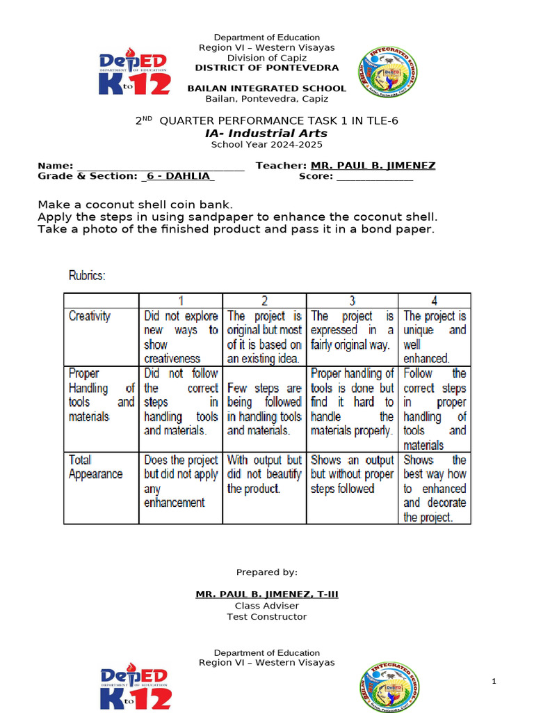 LONG Size Performance Task in TLE 6 - Industrial Arts School Year 2024-2025 | PDF