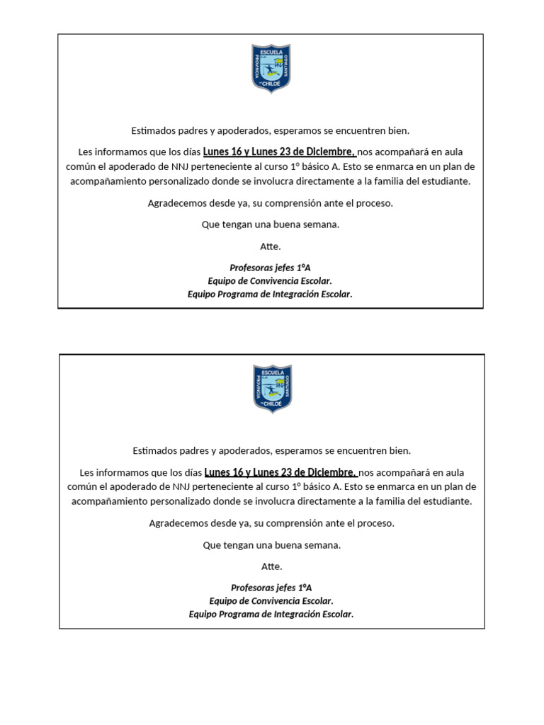 Comunicado Apoderados 1A | PDF