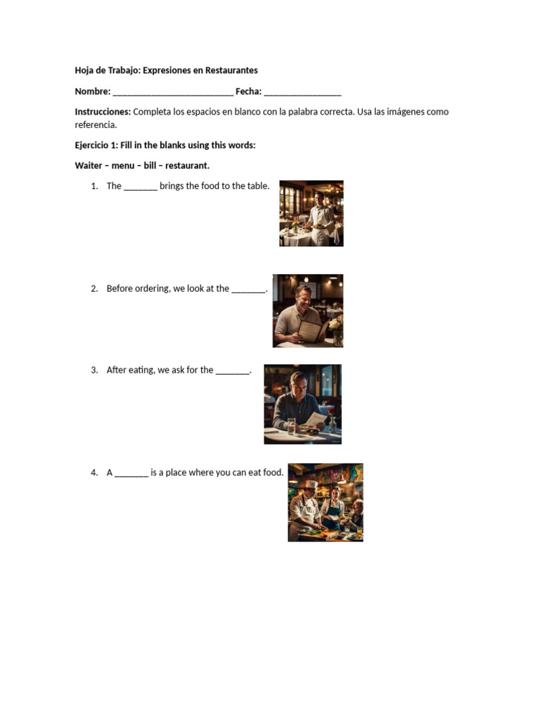 Restaurant Expressions Practice Worksheet | PDF