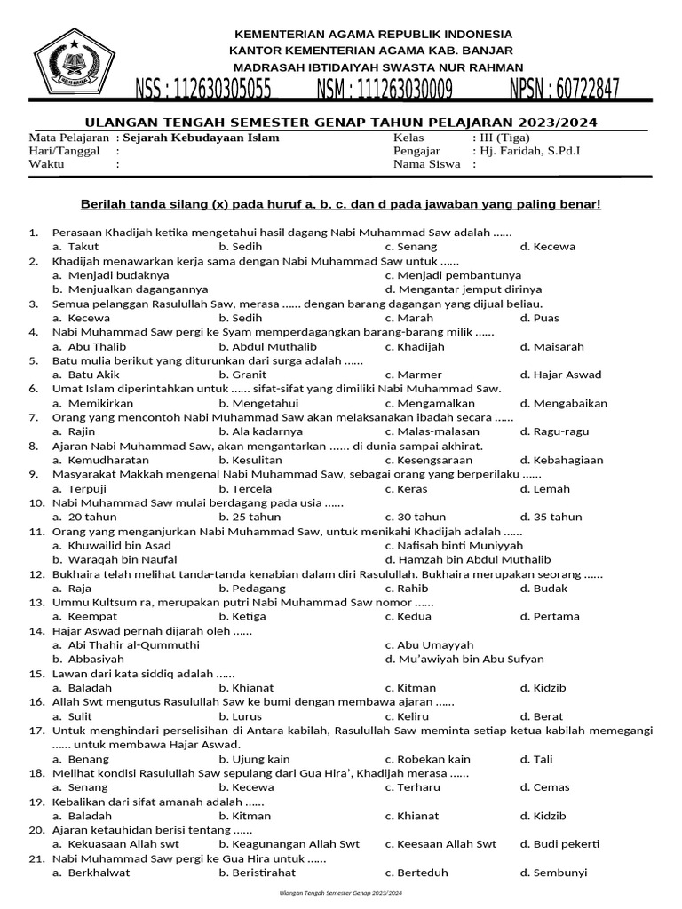 Soal Uts Ski Kelas 3 Tp. 2023-2024 | PDF