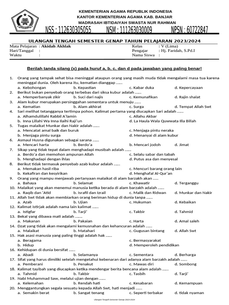 Soal Uts Akidah Akhlak Kelas 5 Tp. 2023-2024 | PDF