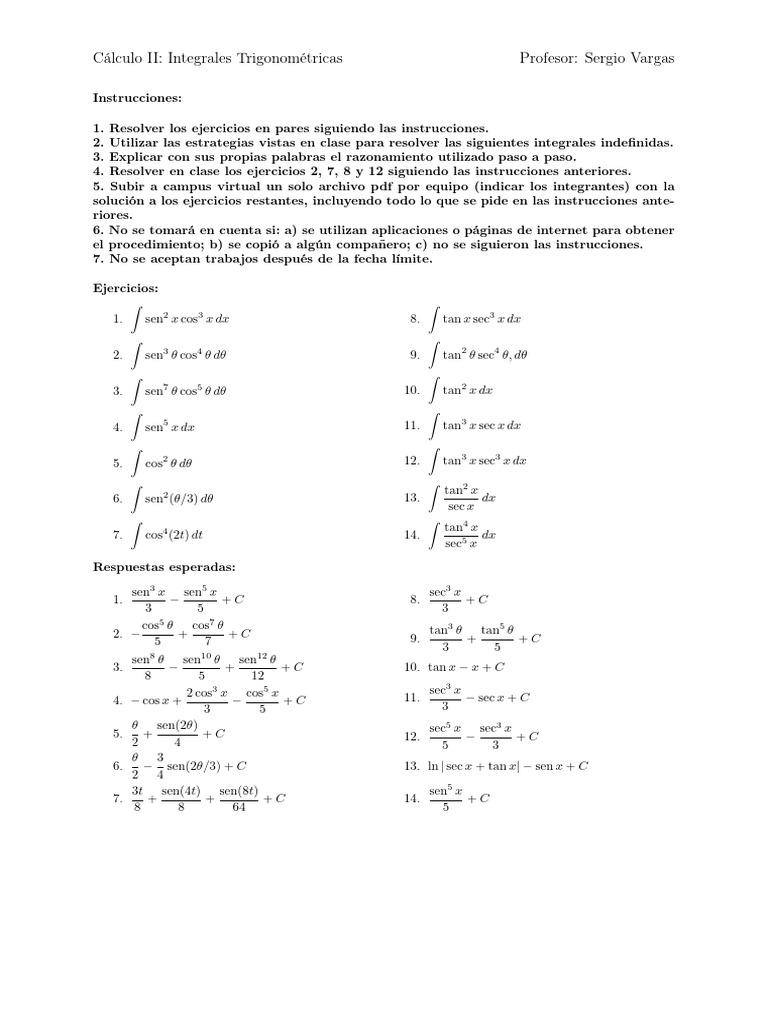 Ejercicios de Integrales Trigonométricas | PDF