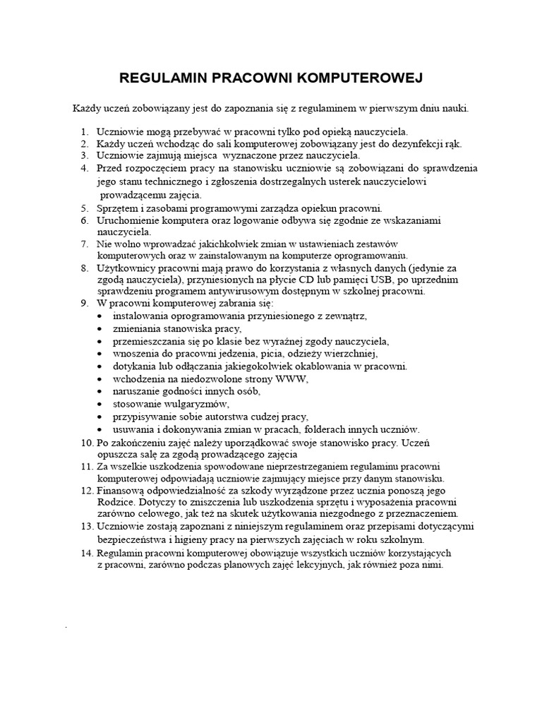 Regulamin Pracowni Komputerowej | PDF