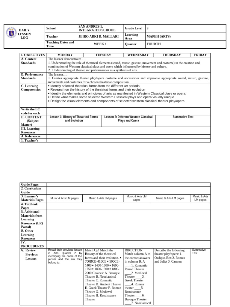 Grade 9 MAPEH Theater Lesson Plan | PDF | Theatre | Liberal Arts Education