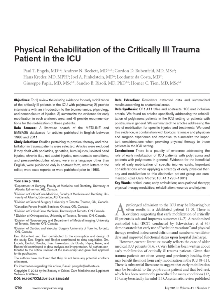 Physical Rehabilitation of The Critically Ill Trauma Patient in The ICU ...