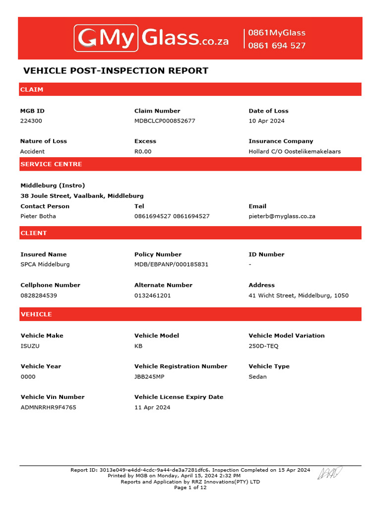 Vehicle Post-Inspection Report 2024 | PDF | Vehicles | Motor Vehicle