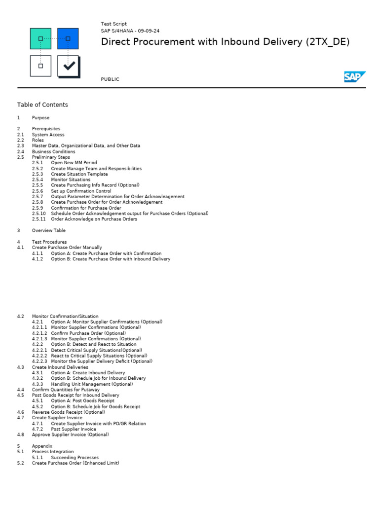 Direct Procurement with Inbound Delivery (2TX)- 2TX_S4HANA2023-FPS02_BPD_EN_DE | PDF ...
