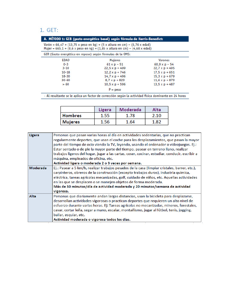 Cálculo y Elaboración de Dieta GET | PDF