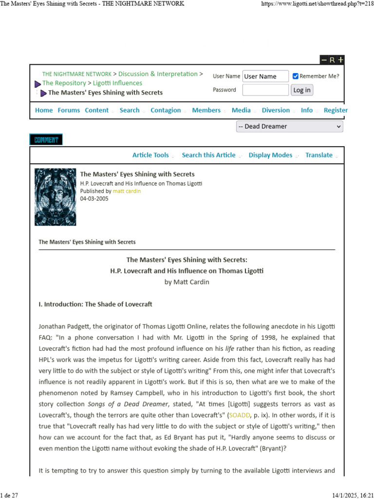 The Masters' Eyes Shining With Secrets - THE NIGHTMARE NETWORK | PDF | Horror Fiction