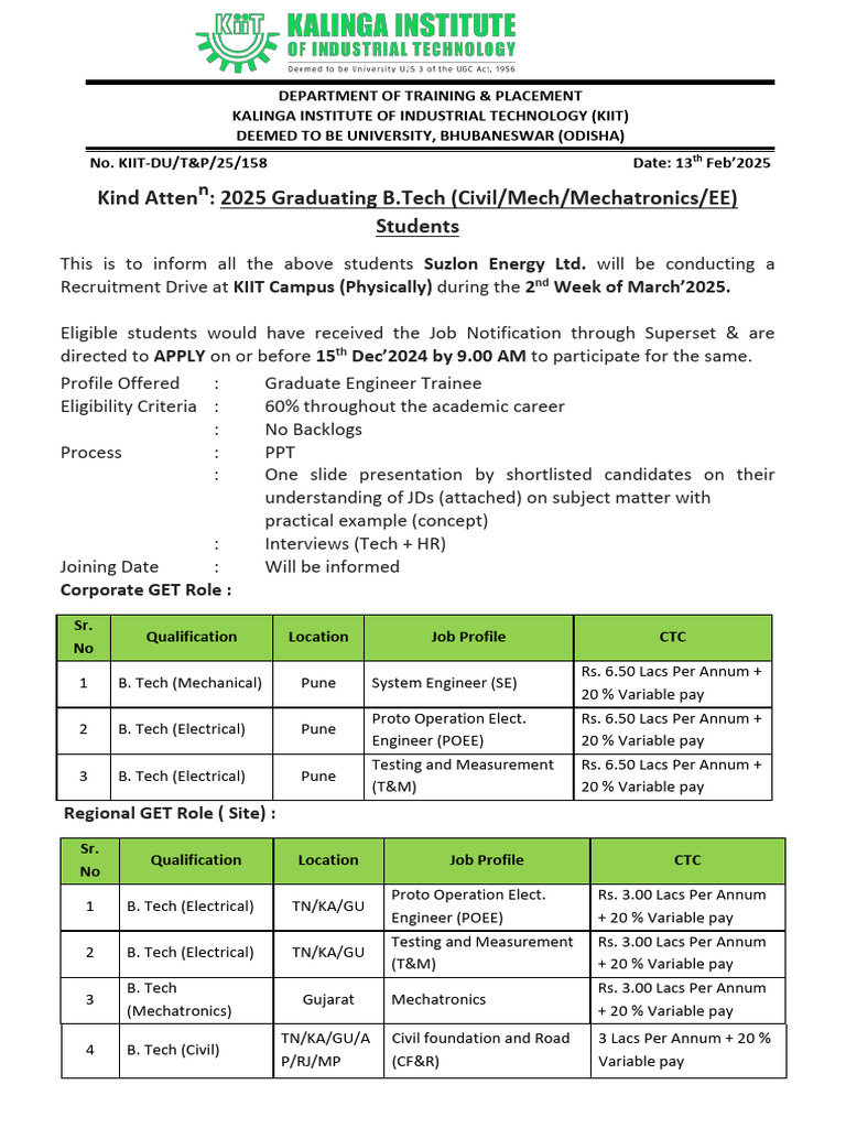 Revised - Registration For Suzlon Energy Limited Recruitment Drive For 2025 Graduating Batch ...